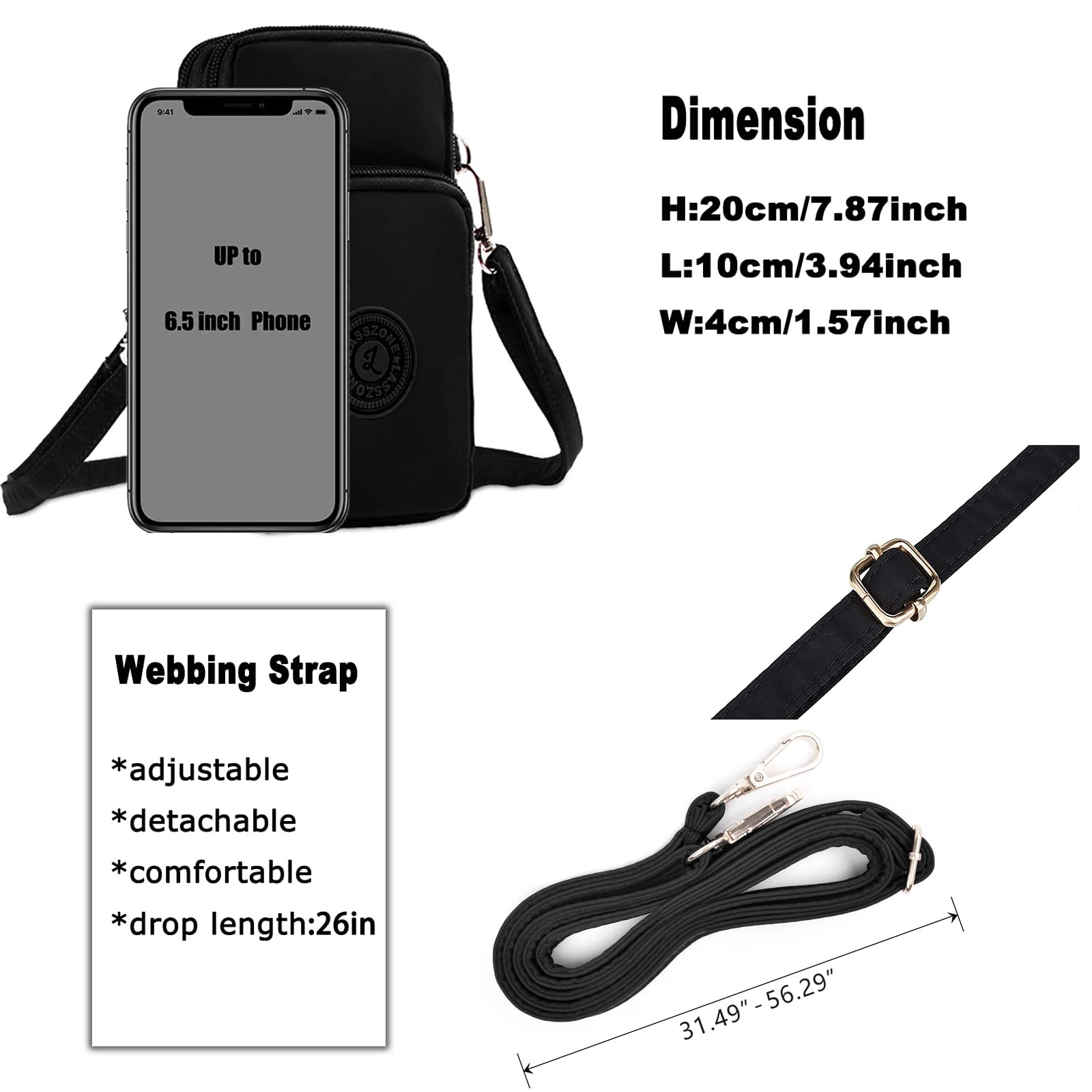 LassZone Women Crossbody Phone Bag Zipper Waterproof Nylon Wallet Cellphone Purse Ladies Shoulder Bag Wristlet Handbag