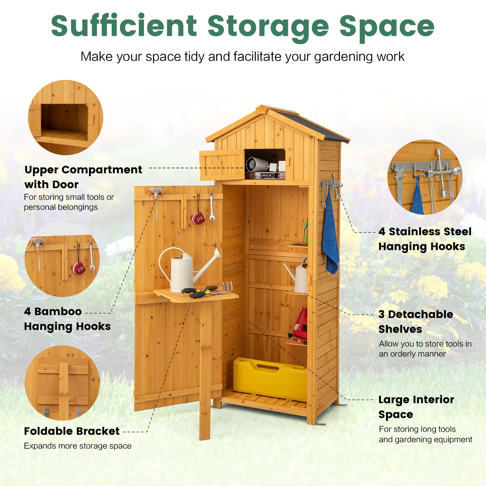 Goplus Outdoor Storage Shed, Wooden Garden Storage Cabinet with Lockable Doors, Foldable Table, Hooks, Utility Tool Organizer with Shelves, Waterproof Outside Tool Shed for Patio Backyard Lawn