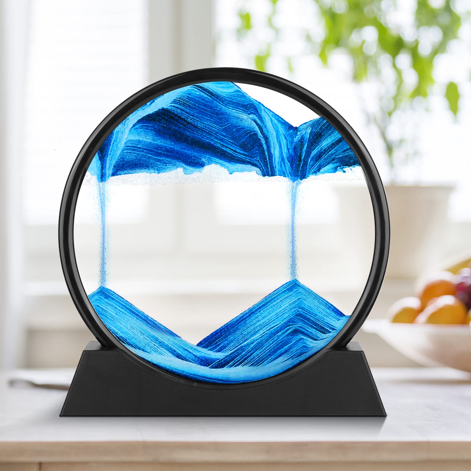 costand Moving Sand Art Picture with Round Glass, 3D Deep Sea Sandscape in Motion Display, Flowing Arc Frame Relaxing Desktop Home Office Work Decor, Room Decoration(7' Blue, 7''