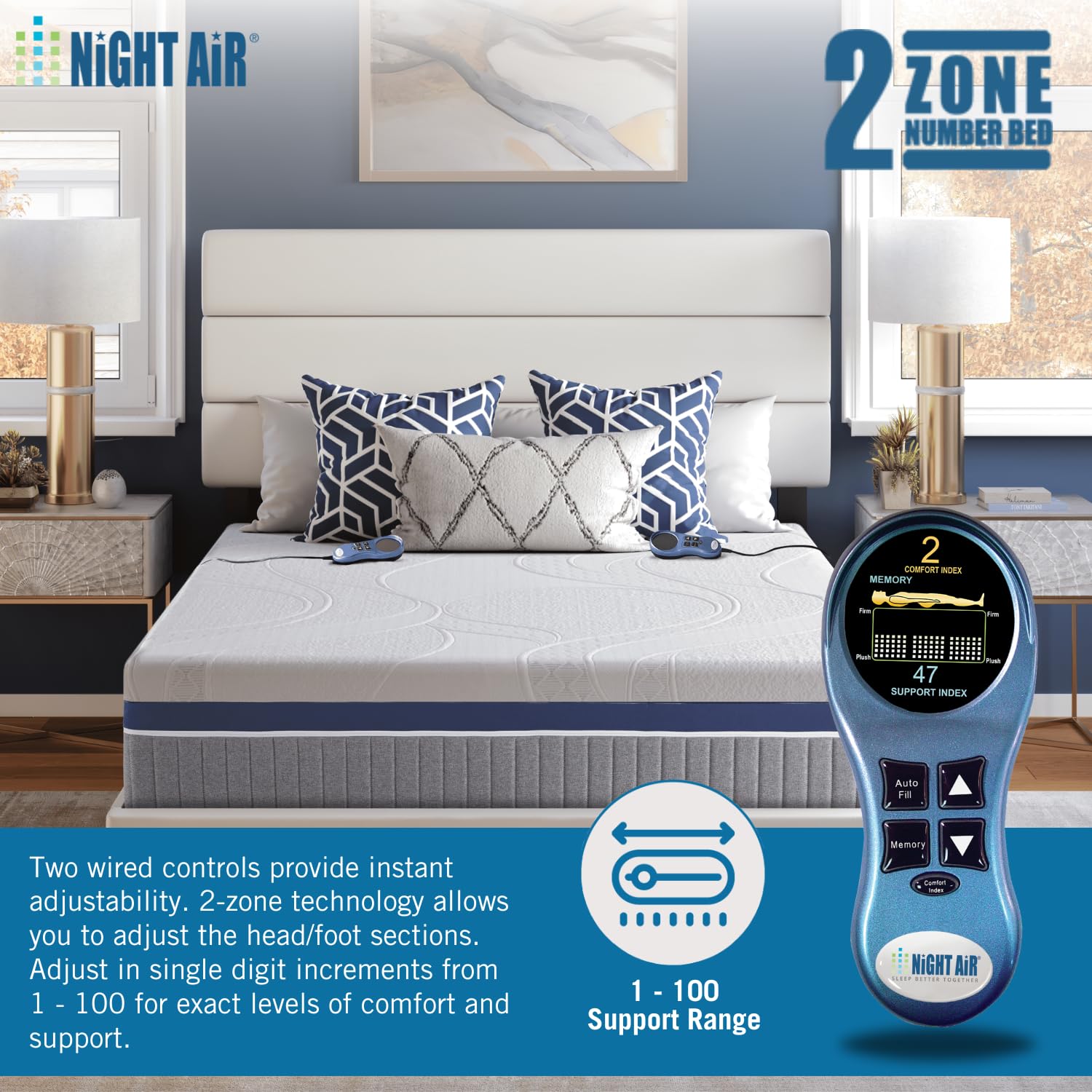 Queen 12-inch Night Air Smart Zone Bed, Adjustable 2-Chamber Design, Dual Zone Comfort Firmness Control, Liquid Gel, Latex Foam Pressure Relief, Cooling Ice Lux Removable Washable Cover, Mattress Only