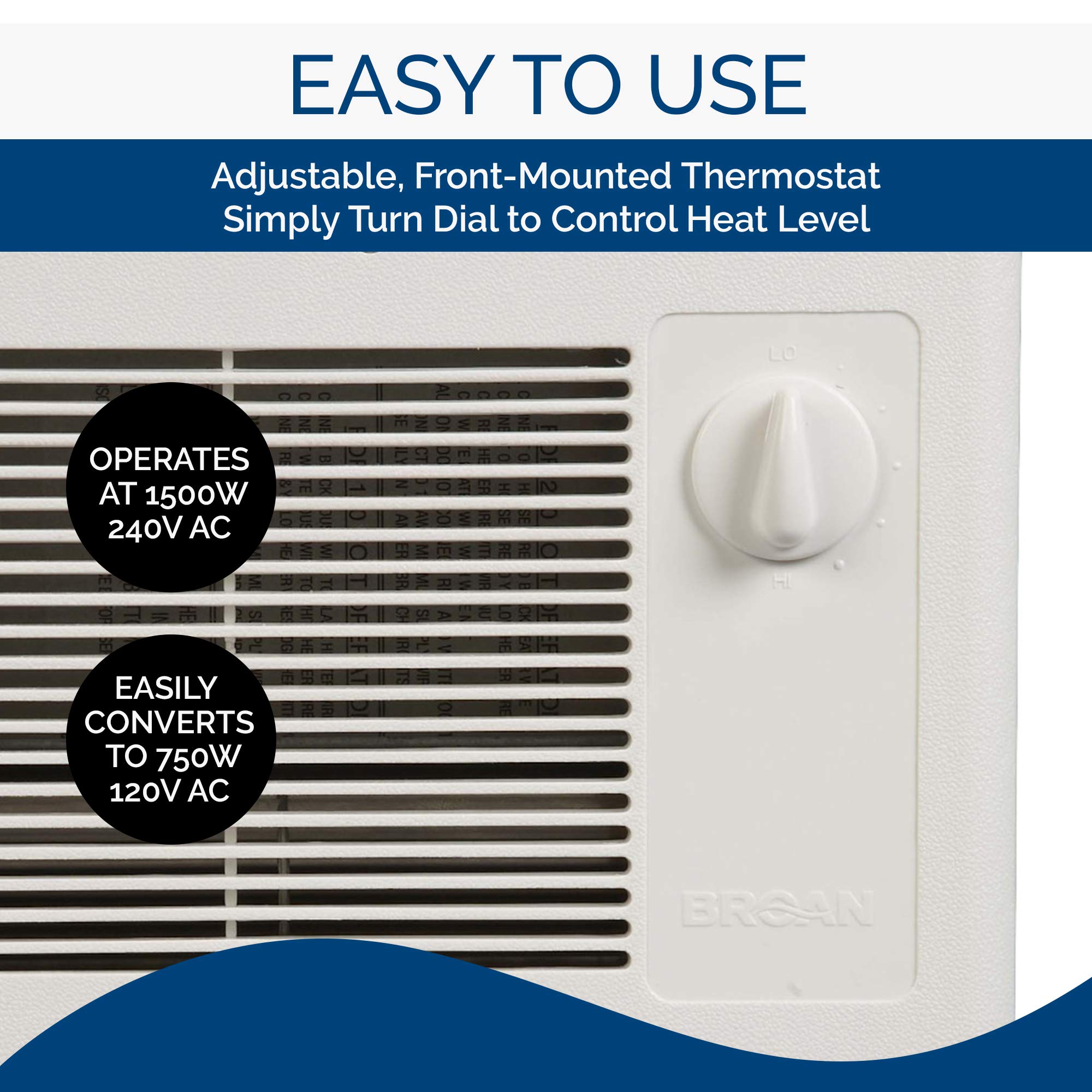 Broan-NuTone 9815WH High Capacity Wall Heater with Built-In Adjustable Thermostat, 1500W, 120/240V, White