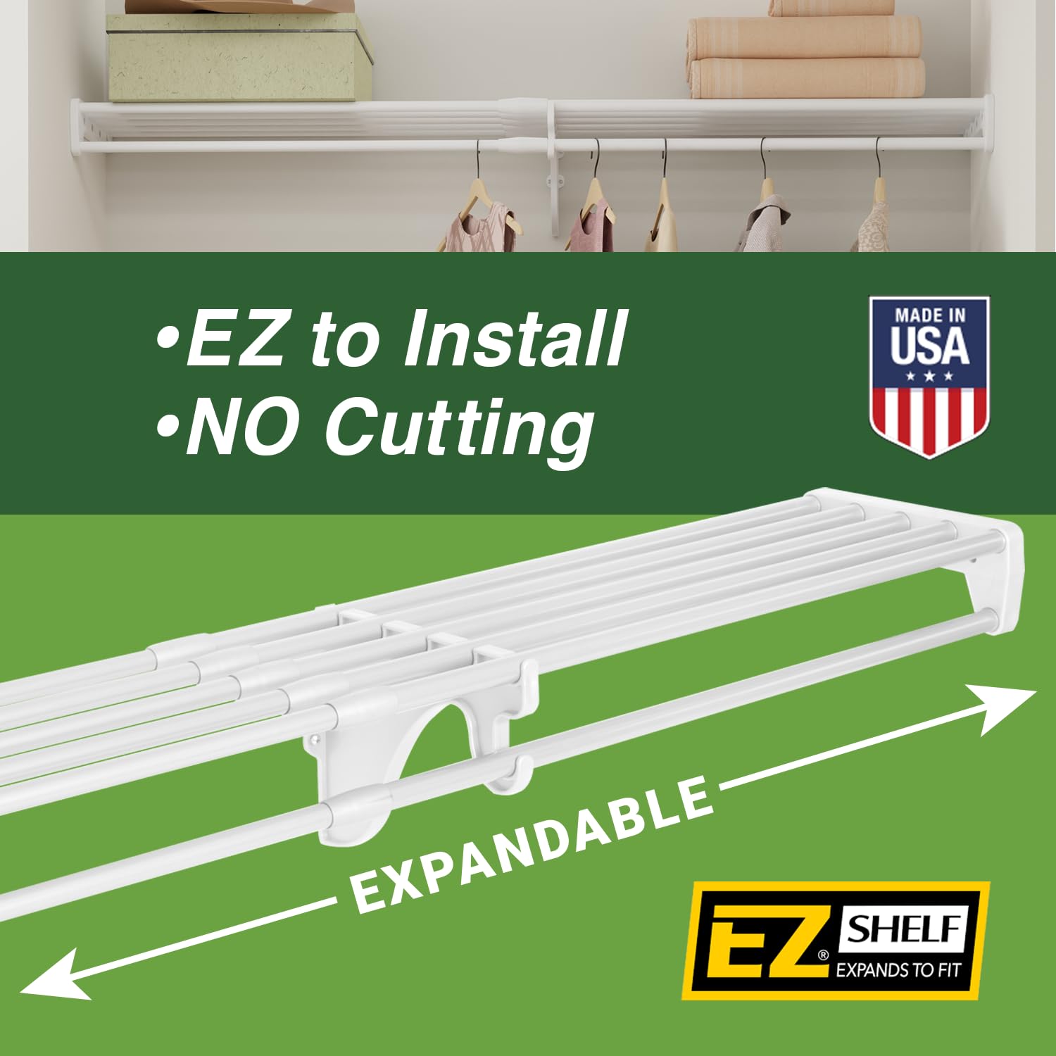 EZ Shelf - DIY Expandable Closet Shelf (NO Hanging Rod) - 40.5β to 73β - White - Easy to Install to 2 Sidewalls -(EZS-SW72)- Wire Closet Shelving Alternative