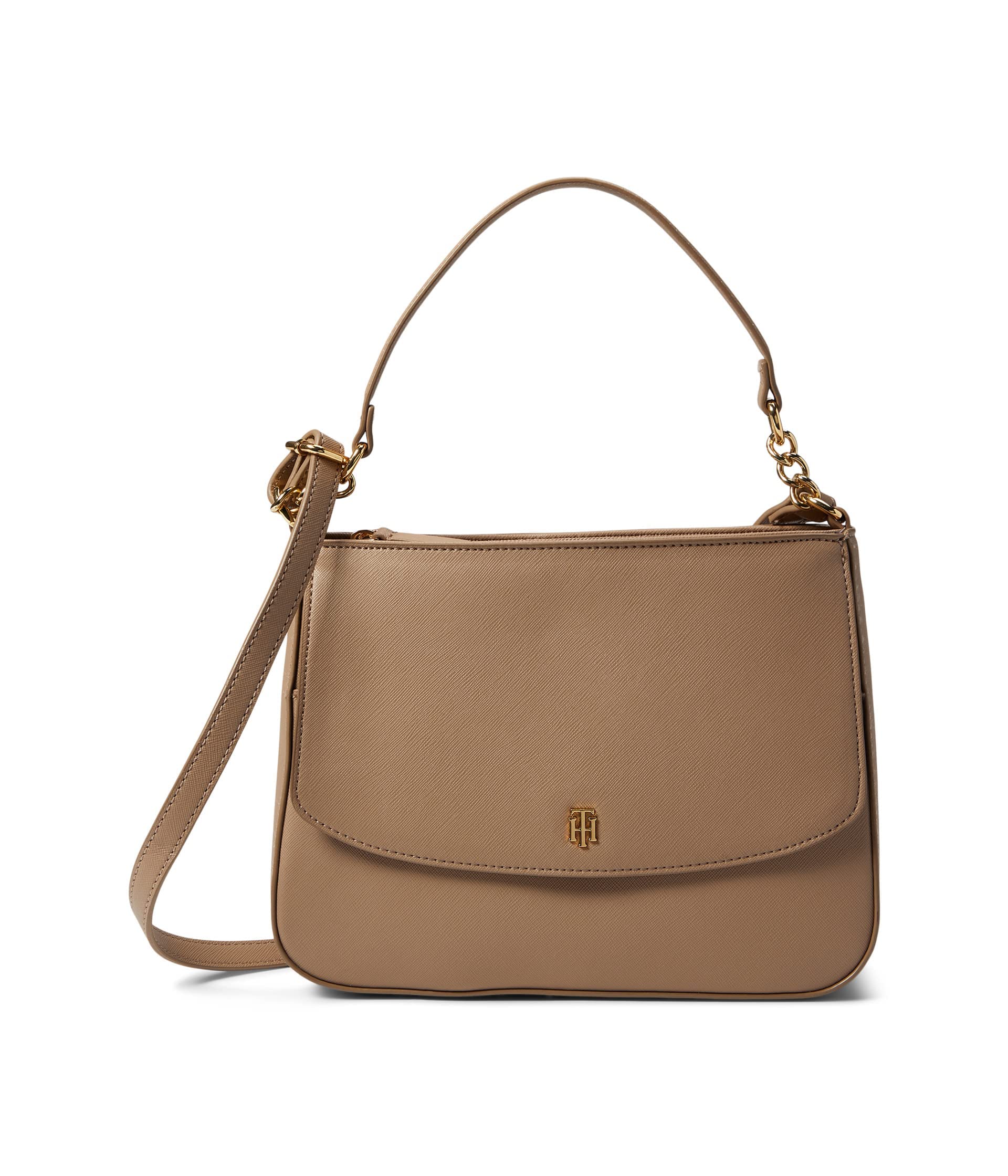 Tommy Hilfiger Yvette II Top-Handle Flap Satchel Saffiano PVC Sherwood Tan One Size