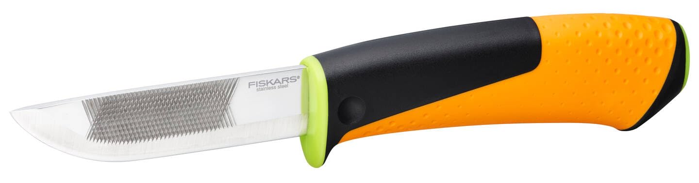 Fiskars Knife including Holster with Integrated Knife Sharpener, Total length: 21.9 cm, Black/orange/green, 1023619, Standard