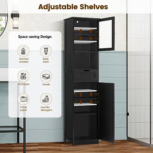 Iwell 67.2" H Tall Bathroom Storage Cabinet with 2 Doors & 1 Drawer, Bathroom Cabinet with 4 Shelves, Narrow Linen Cabinet for Living Room, Bathroom, Kitchen, Black