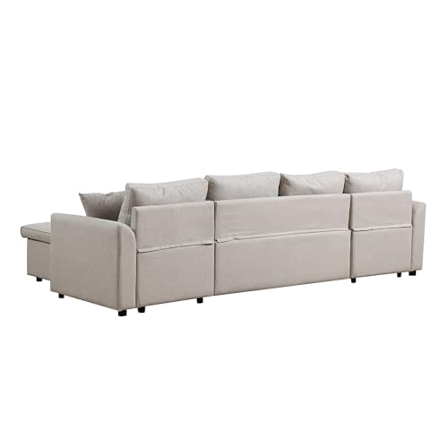 Eafurn Reversible Sleeper Sectional Sofa with Double Storage Chaise Lounge, U Shape Convertible Pull Out Couch Bed, 5 Seater Corner Sofabed Sofacama w/Throw Pillows for Living Room Office, Beige 113"