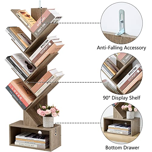 Hoctieon 2-Set Tree Bookshelf, 4 Shelf Bookcase, Modern Book Storage, Free Standing Tree Bookcase, Utility Organizer Shelves for Home Office, Living Room, Bedroom, Light Brown