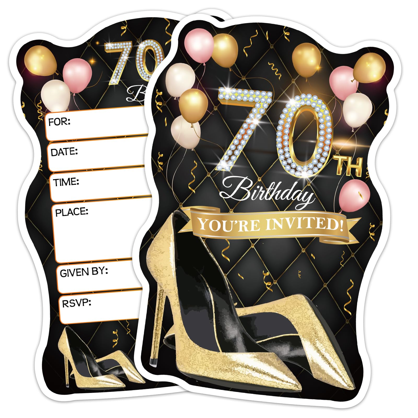 ERHACHAIJIA 20 PCS Pink Balloons & Black Golden High Heels Shaped Fill-In Invitations Cards With Envelopes, Funny 70th Birthday Party Happy 70 Year Old Birthday Invites For Women Lady Wife Mom Adults