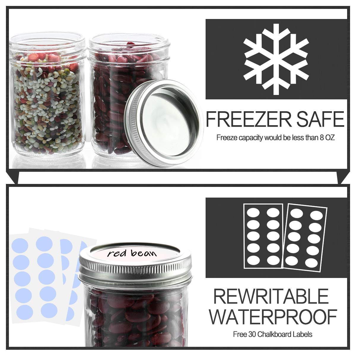 KAMOTA Mason Jars, 8 oz Glass Jars With Regular Lids and Bands, Ideal for Jam, Honey, Wedding Favors, Shower Favors, DIY Spice Jars, 24 PACK, Extra 24 Lids & 30 Whiteboard Labels