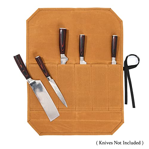 Knife Roll Bags, 16oz Waxed Canvas Knife Holder (5 Slots & Specialized Anti Cutting Fabric), Multi-Purpose Knife Pouch with Tie Rope, Khaki