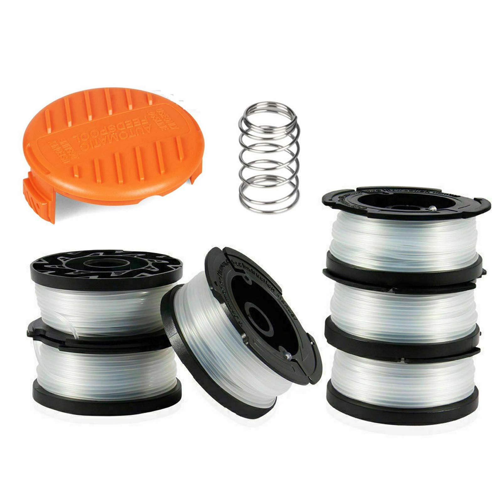 ConPus Weed Eater Replacement Parts Compatible with Black&Decker AF-100 GH600 GH900,Replacement RC-100-P Spools Caps&Springs and 30ft 0.065" String Trimmer Line,(6 Spools+1 Cap+1 Spring)