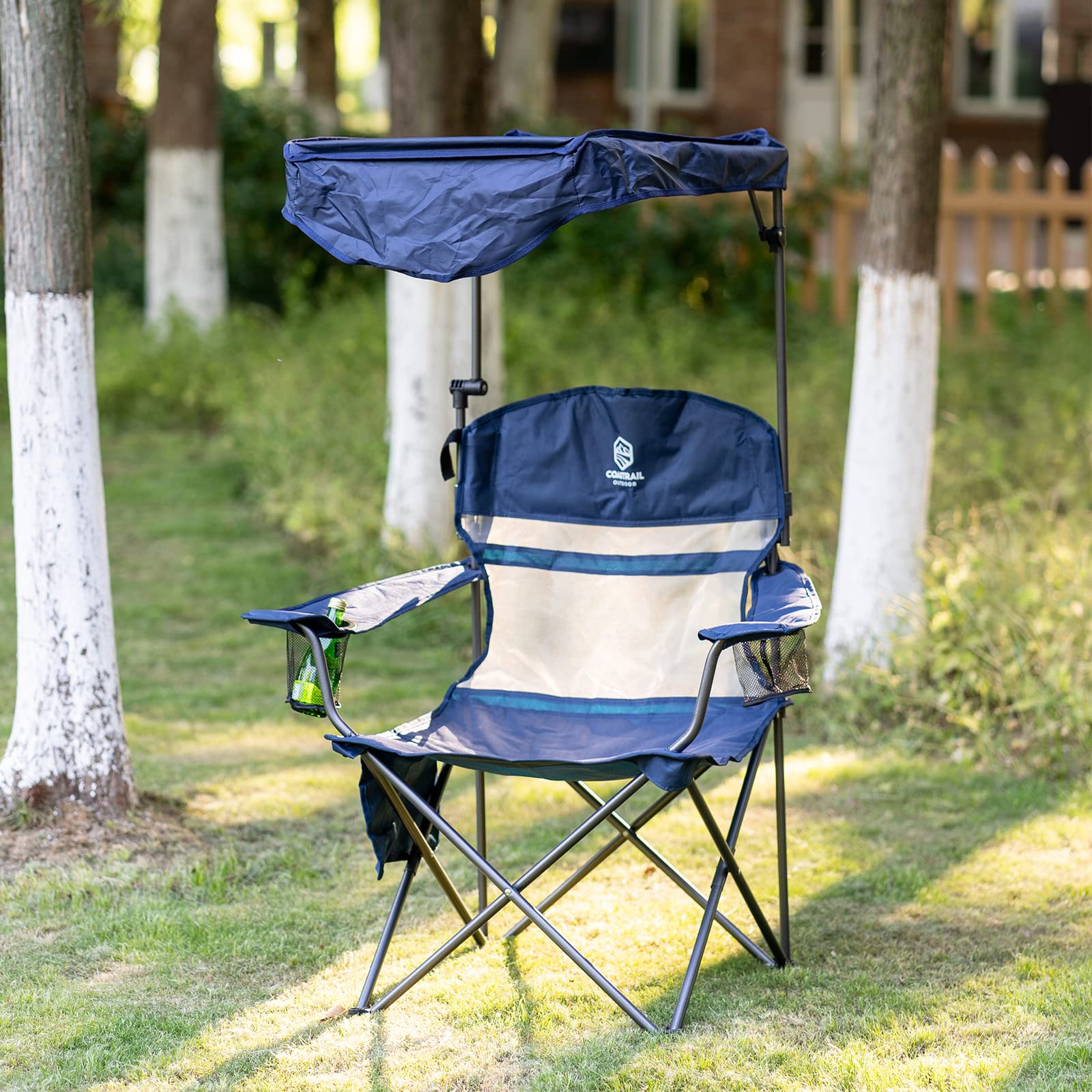 Coastrail Outdoor Canopy Folding Camping Chair with Multi-Position Adjustable Sun Shade Lawn Chair, SPF 50+ Sun Protection with Cup Holder & Storage Pockets, Portable Design for Beach, Camping, Patio