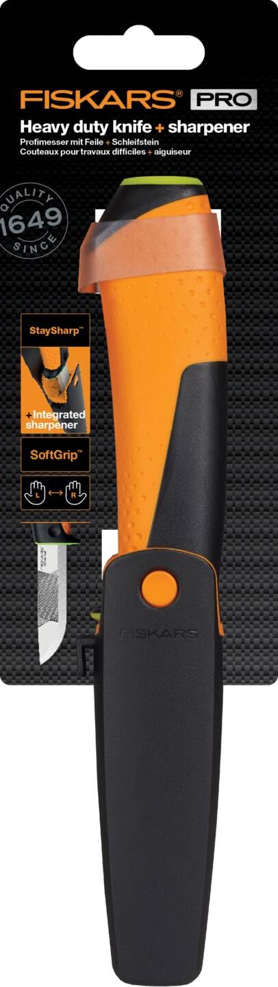 Fiskars Knife including Holster with Integrated Knife Sharpener, Total length: 21.9 cm, Black/orange/green, 1023619, Standard