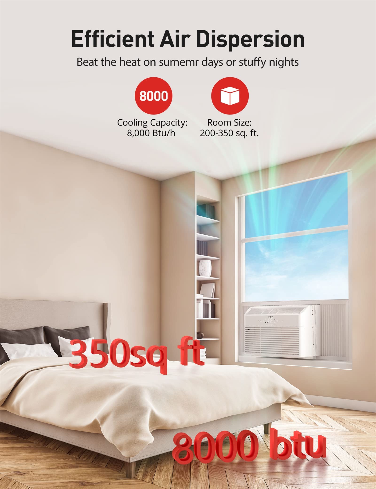 Window Air Conditioner, 8,000 BTU AC Unit for Room Window-Mounted AC with 4 Fan Speeds 5 Modes 24-Hour On/Off Timer Quiet Sleep Mode Remote Control AC Cooler up to 350 sq. ft