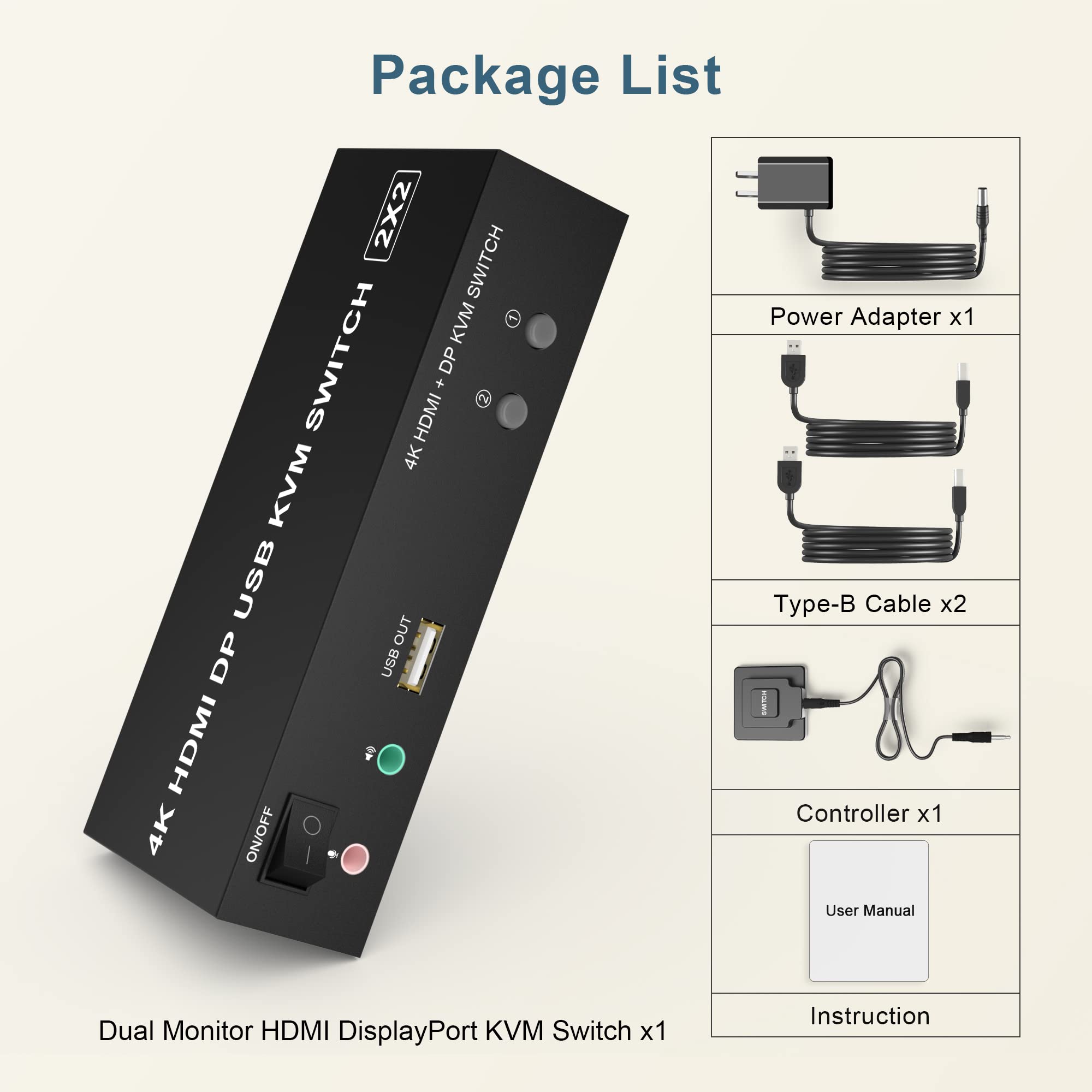 DisplayPort HDMI Dual Monitor KVM Switch 4K@60Hz 2 in 2 Out Displayport and HDMI KVM Switch 2 Computers Share 2 Monitors and one Set of Keyboard, Mouse, 2xUSB Cables and 1xController