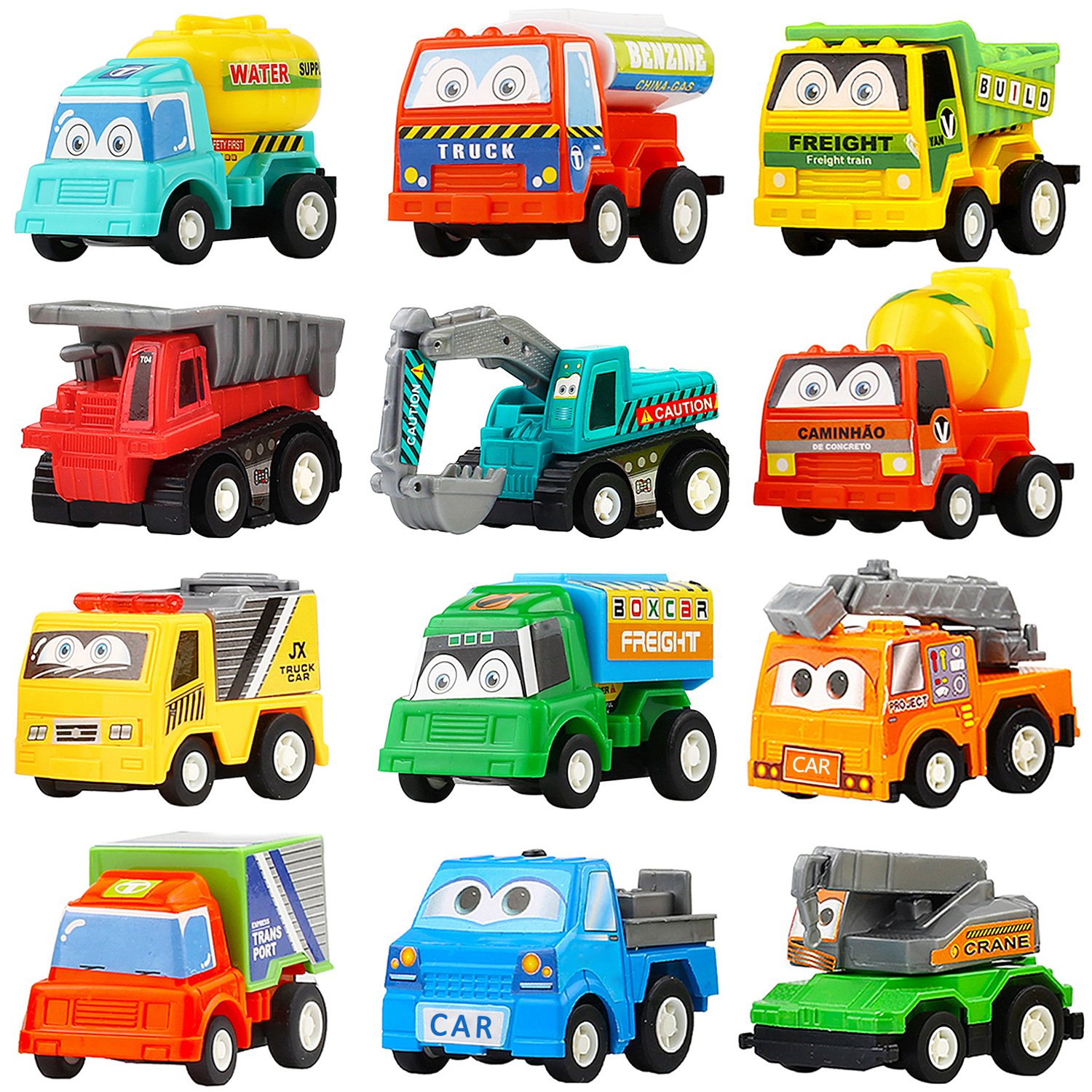 Laxdacee Pull Back Car,12 Pack Assorted Mini Plastic Construction Vehicle Set, Car Truck Toy for Kids, Boy, Girl, Child Birthday Party Favors, Goody Bag, Prizes, Pinata Filler Supplie