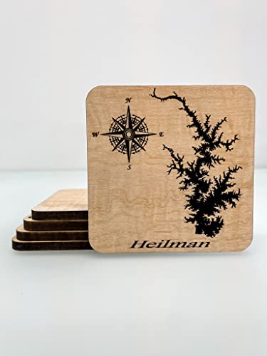 Custom Lake Map Square Wood Coasters - ANY LAKE! sets of 4, 6, 8- lake house dĂŠcor Laser Engraved