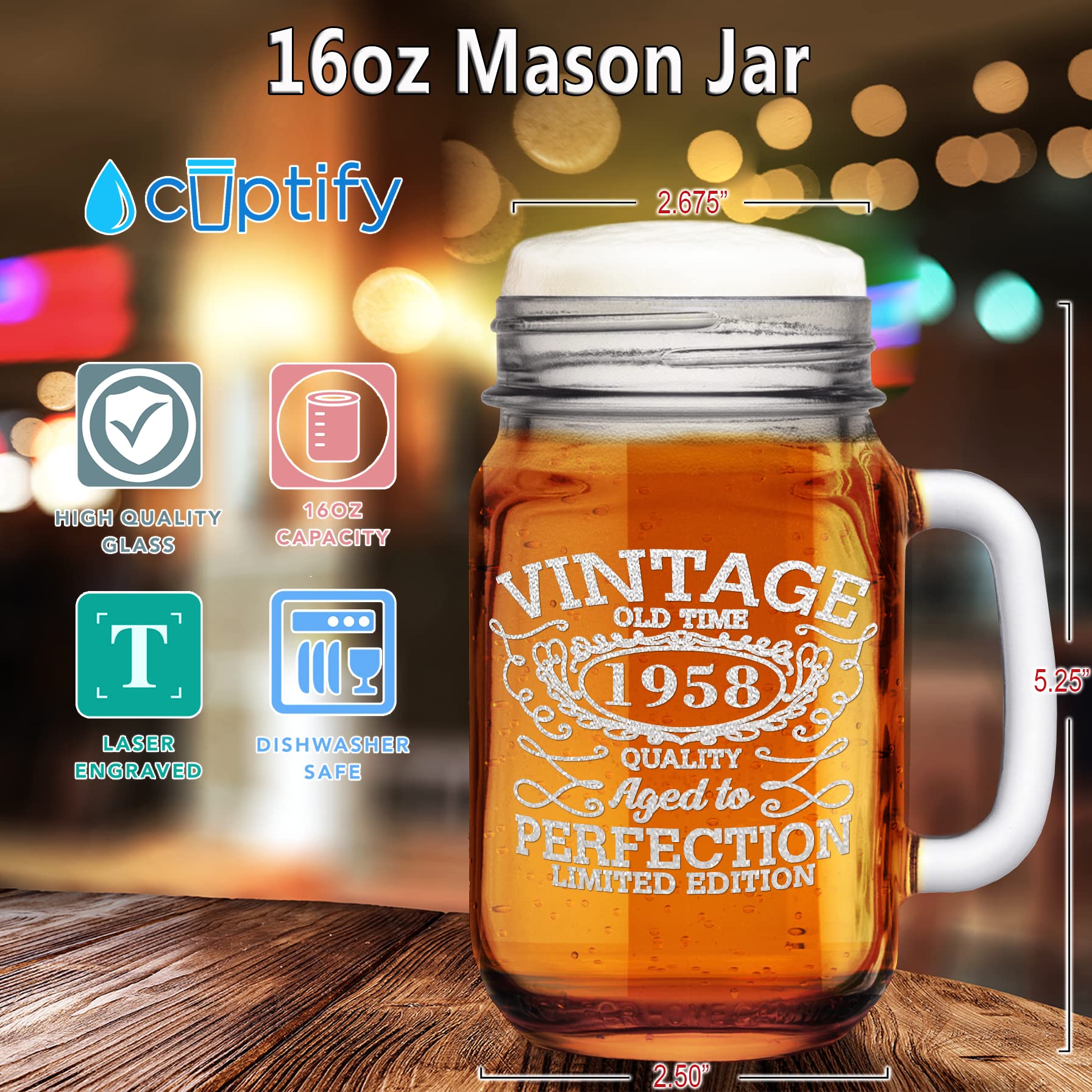 Cuptify 65th Birthday Gift for Women and Men Vintage 65 Years Old Time 1958 Etched Mason Jar Glass 16 oz Drinking Glasses with Handle