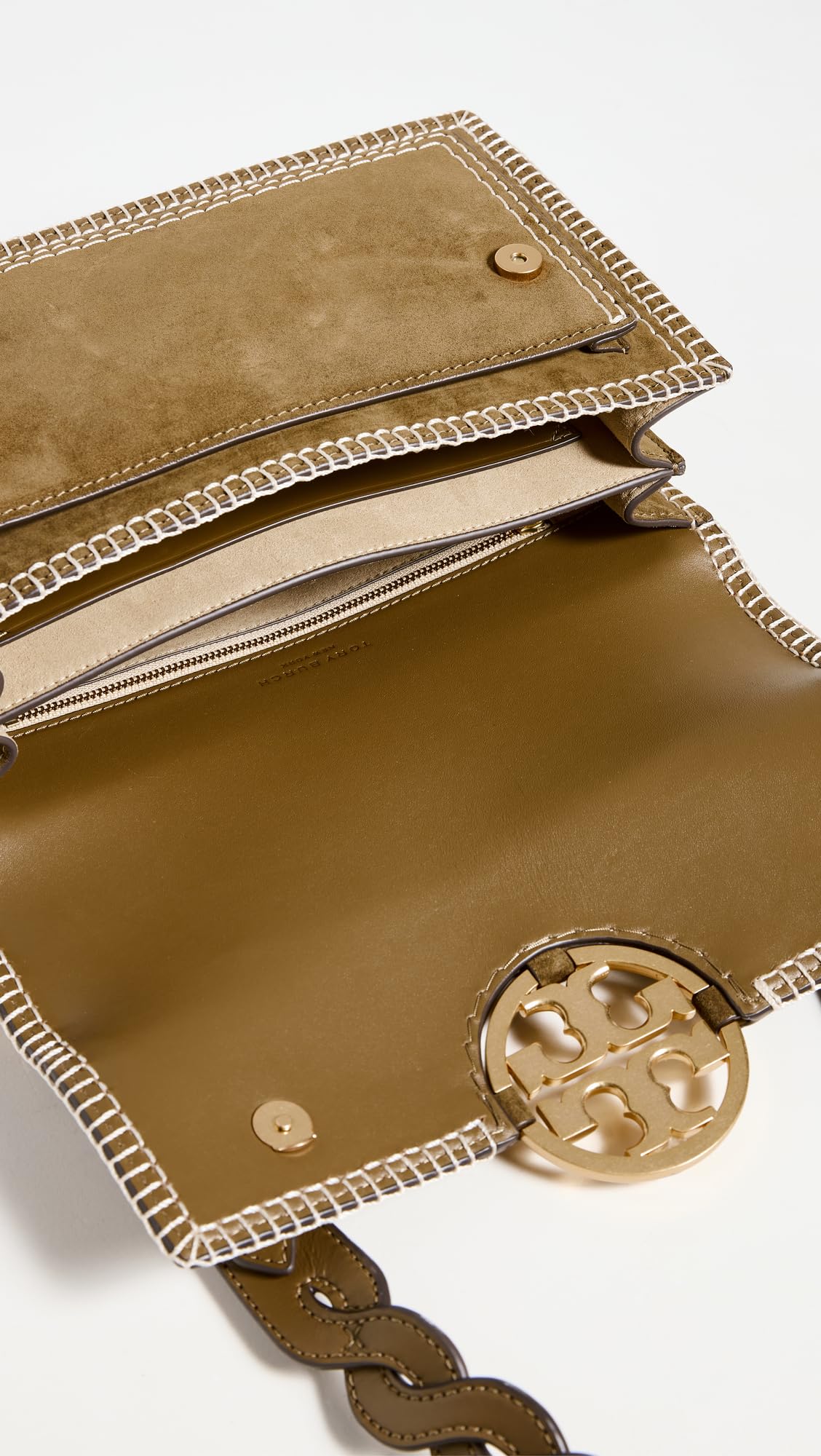 Tory Burch Women's Miller Suede Stitched Flap Shoulder Bag, Toasted Sesame, Tan, Brown, One Size