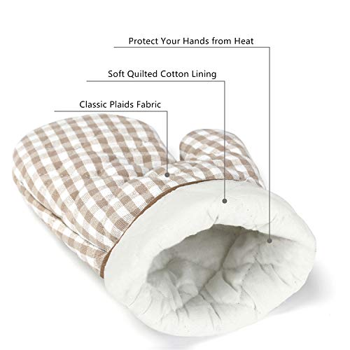 Oven Mitts and Pot Holders, 5 pcs Heat Resistant Cotton Vintage Gingham Oven Mitts and Potholders Hot Pads Mats Coasters Set for Cooking Baking (Light Brown Set)