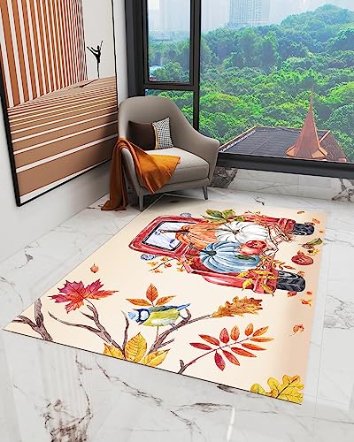 Thanksgiving Fall Large Rectangular Area Rugs 5' x 7' Living Room, Durable Non Slip Rug Carpet Floor Mat for Bedroom Bedside Outdoor Farmhouse Red Truck Pumpkin Leaves Autumn