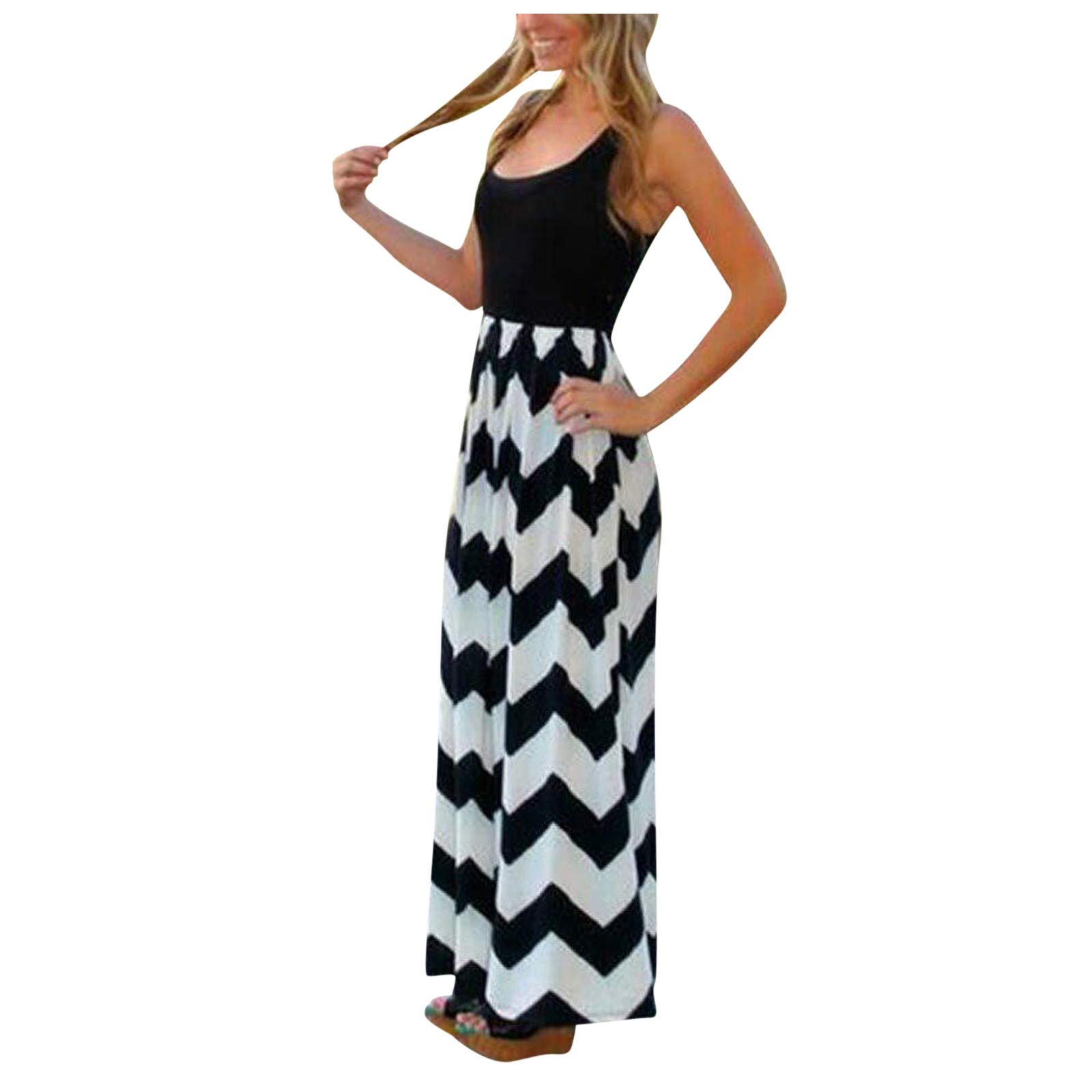 Padaleks Women’s Casual Summer Maxi Dress Loose Sleeveless Boho Beach Sundresses Striped Patchwork Long Dresses