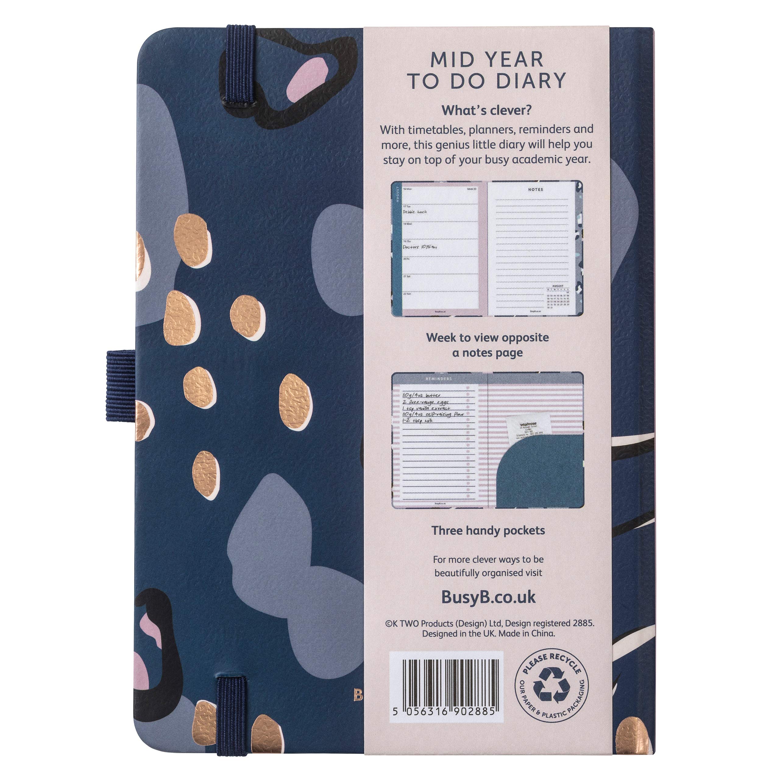 Busy B Mid-Year to Do Diary August 2021 - August 2022. Navy A6 Week to View Planner with Pen Holder, Elastic Closure and Storage Pockets 2021/22 Navy