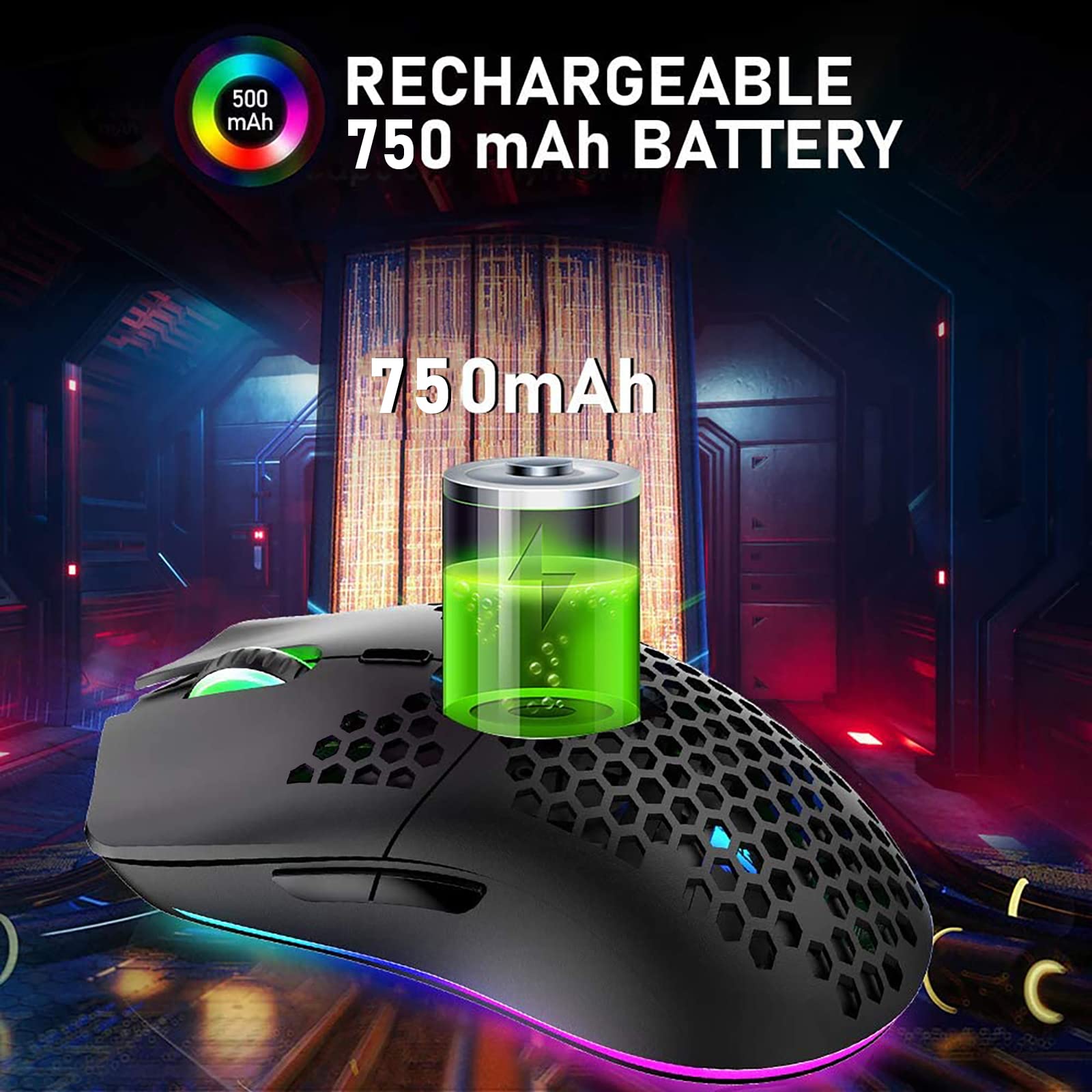 RGB Wireless Gaming Mouse,Ultra-Lightweight Honeycomb Shell Mice with 2.4G Wireless Rechargeable,RGB Spectrum Backlit,7 Buttons,3200DPI,Ergonomic Long Battery Life for PC,Xbox,PS4 Gamers(Black)