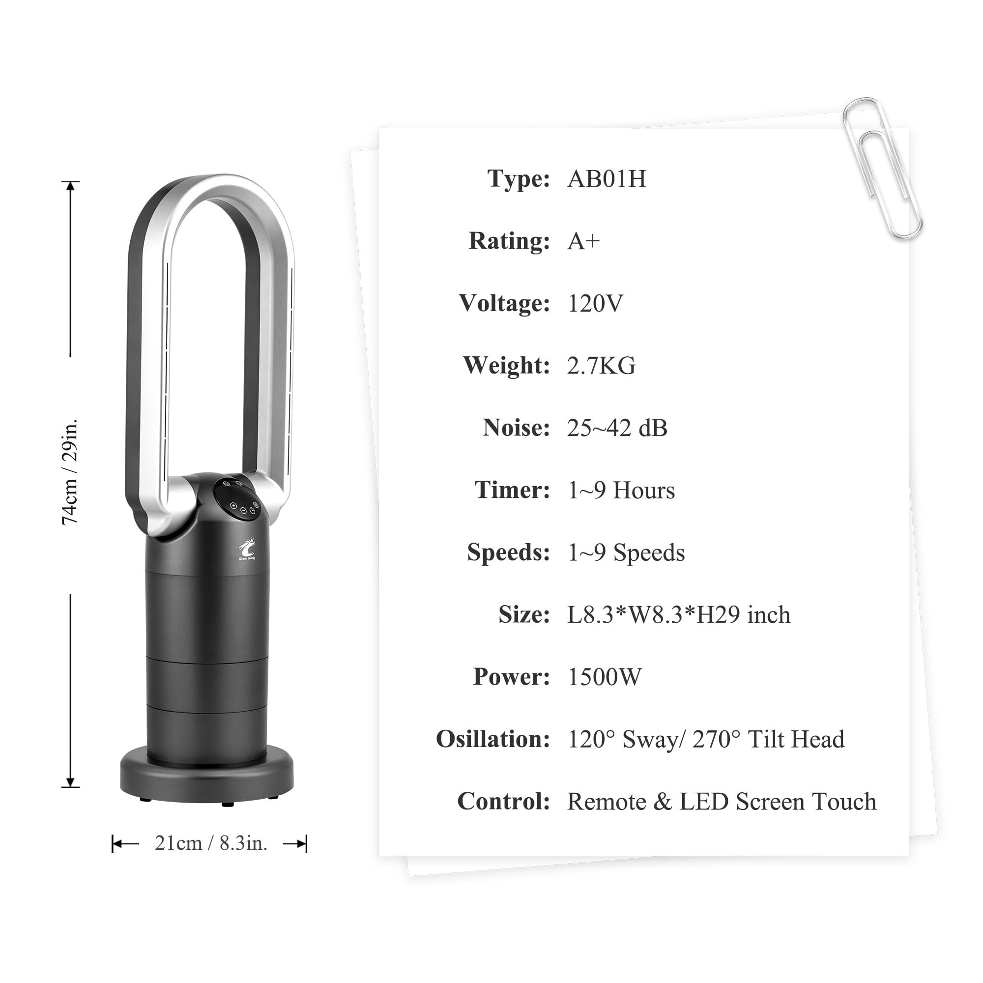OceanLoong Bladeless Fan & Space Heater in One, Tower Fan for Bedroom Home,1500W Electric Heater with Adjustable Thermostat, Tip-Over Switch, Remote, Timer, Oscillating Table Fan, 29inch (Grey)