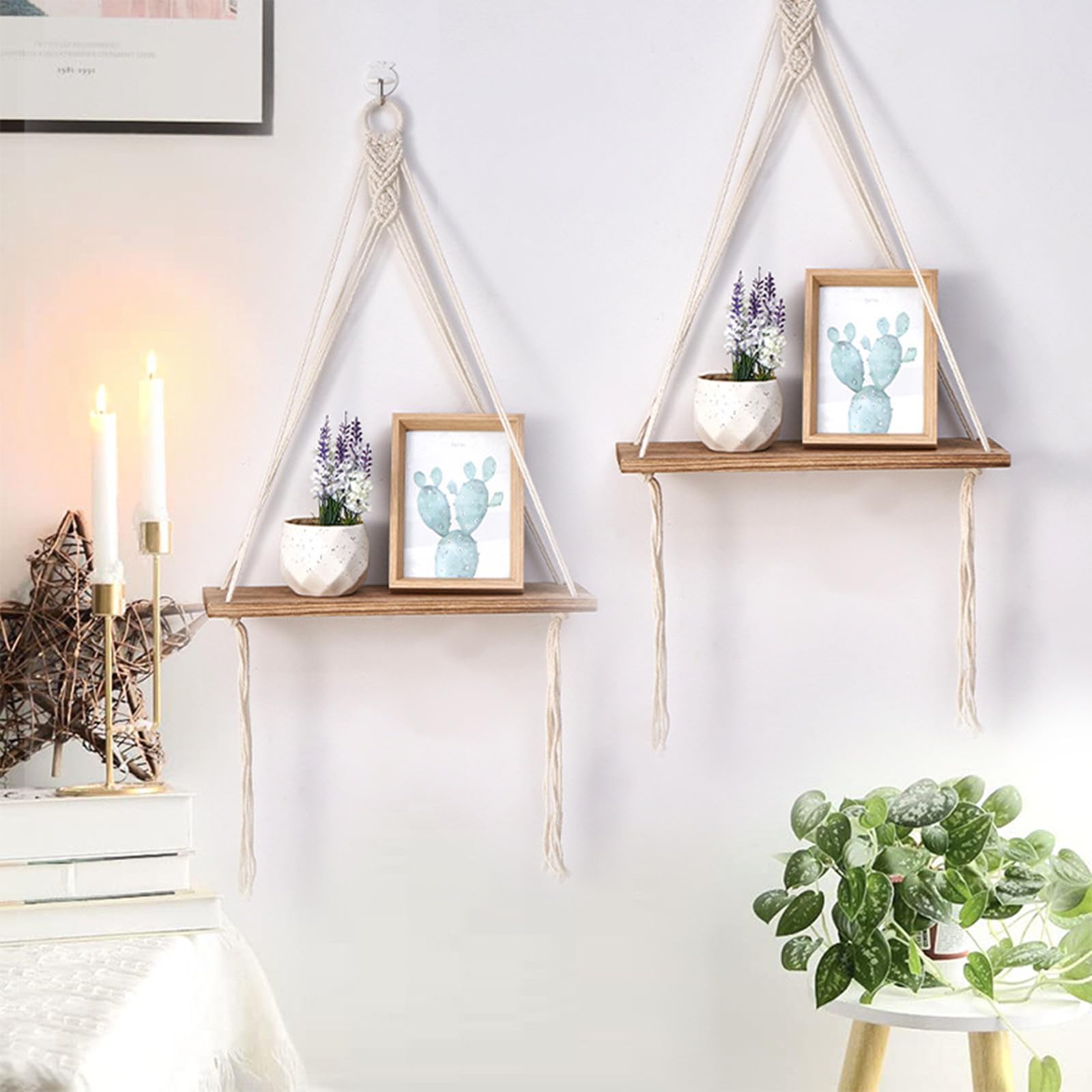DD-life Macrame Rope Triangle Shelf Wooden Wall Hanging Shelves Macrame Hanging Shelf Farmhouse Rustic Modern Plant Aesthetic for Room Nursery Bathroom Living Room College Dorm Room