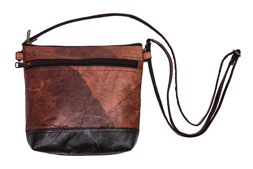 Leaf Leather Shoulder Bag Womens Crossbody Purse, Adjustable - Ethical Fashion Handmade with Tree Leaves - Brown with Black Accent