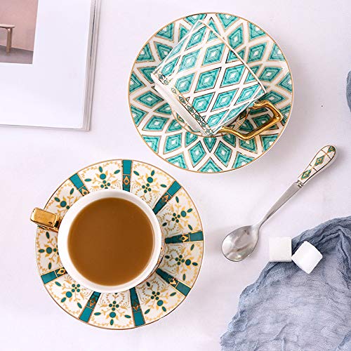 Coffee Cup Gift Box with Gold Trim Tea Cup Saucer Spoon Set Ceramic Coffee Cups British Coffee Cups for Coffee Drinks Latte Tea (Pattern 1 Suit of 2(With Pack))