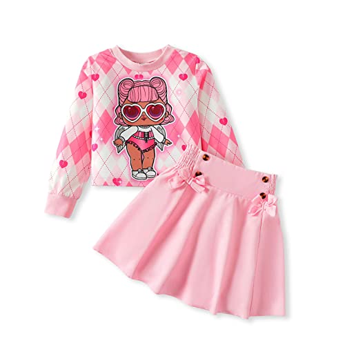 L.O.L. Surprise! Girl Skirt Set Long Sleeve Letter Print Sweatshirt Plaid/Pink Smocked Skirt Set 2PCS Clothes Set Outfit Pink 7-8 Years