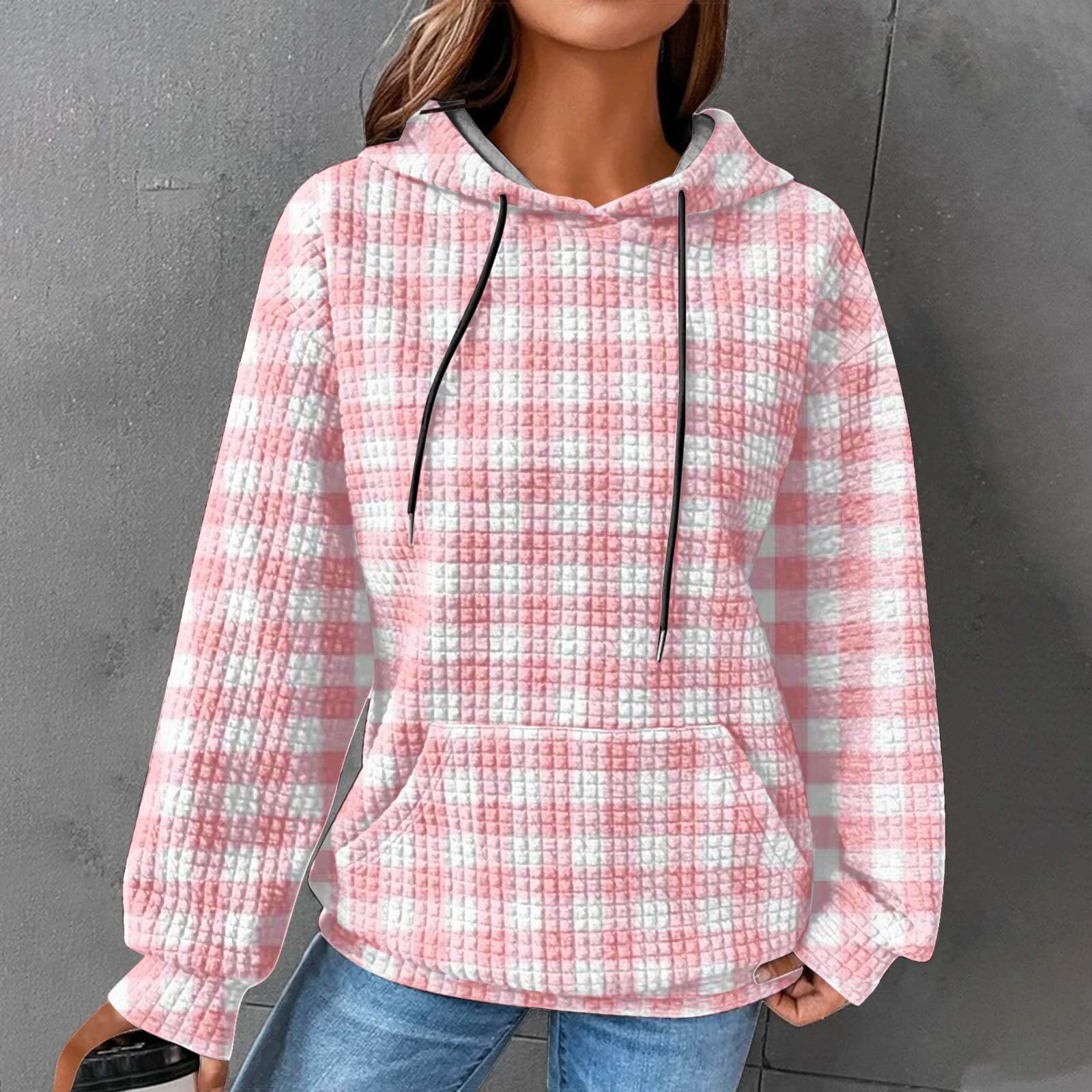 Ceboyel Women Waffle Knit Cute Hoodies Drawstring Pullover Sweatshirts Fashion Casual Sweaters Comfy Fall Clothes Outfits volleyball Sweatshirt Pink 3X