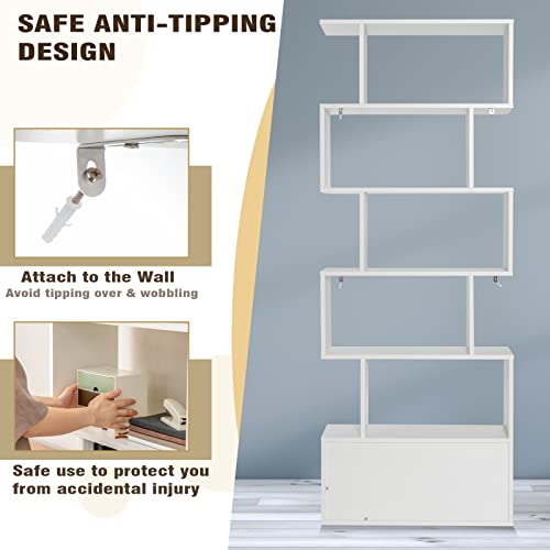 Giantex 6-Tier Geometric Bookcase with Cabinet, Freestanding Display Shelves with Anti-Tipping Device, Wood S-Shaped Bookshelf for Living Room, Bedroom, Study, White