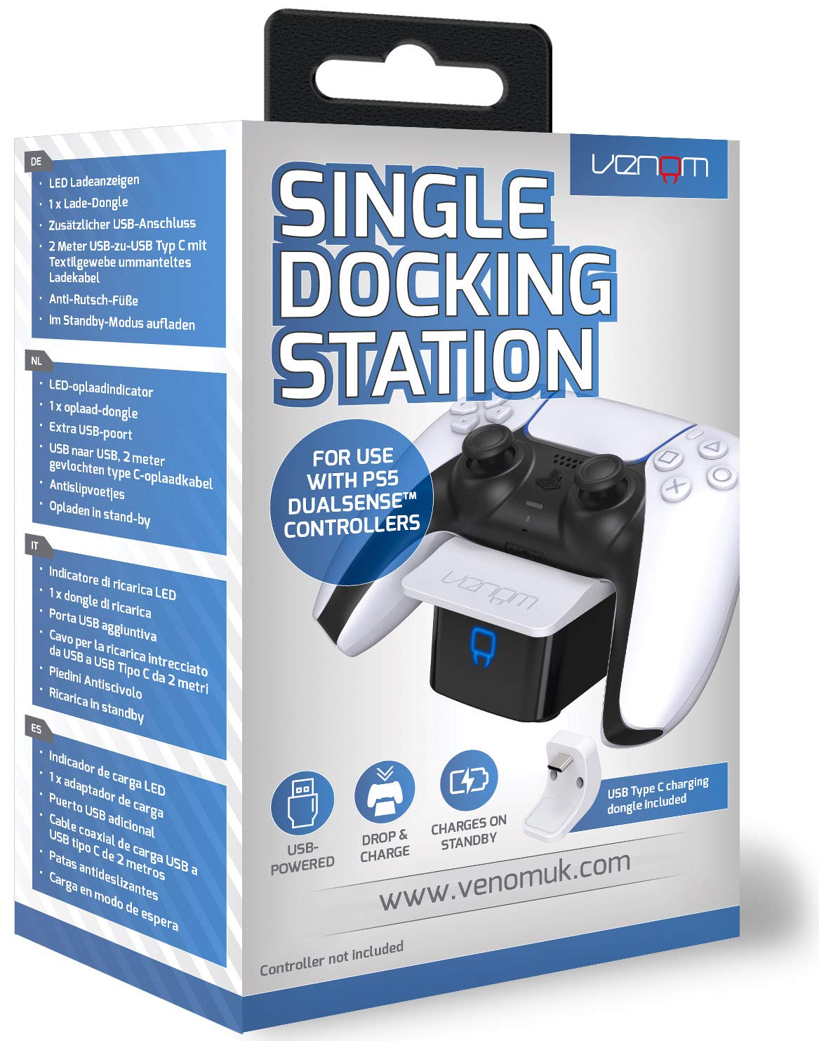 Venom PS5 Controller Charging Station, Slim Dock Compatible with PlayStation 5, Single Wireless Controller Charger with LED Indicators, Docking Station Stand with 1X USB Dongle