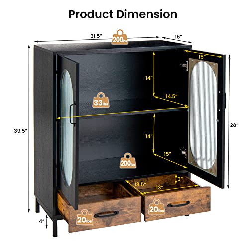 Giantex Buffet Cabinet with 2 Drawers, Wooden Sideboard, Standing 2-Tier Cupboard w/Tempered Glass Doors, Industrial Multifunctional Storage Cabinet for Kitchen Living Room Coffee Bar (Black & Brown)