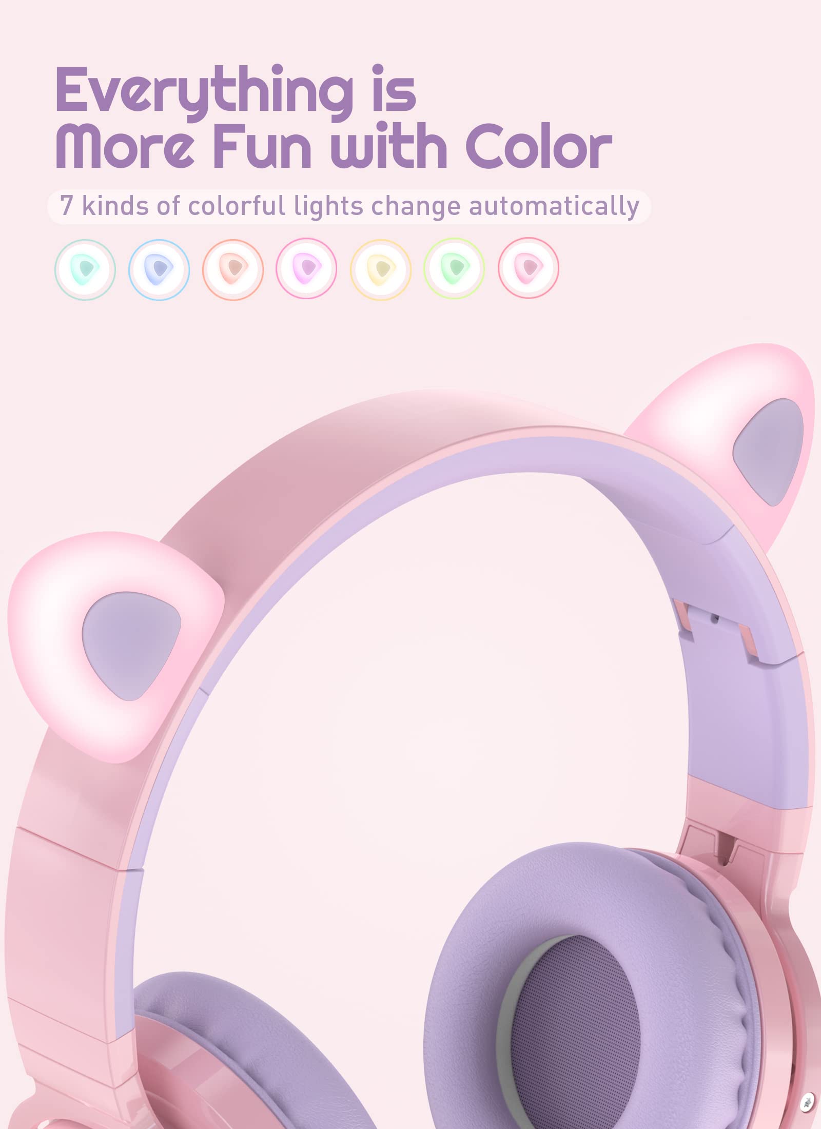 Picun Bluetooth Kids Headphones with Microphone, Cat Ear Wireless & Wired 85dB Volume Limited Multi-Function Girl Headphones, Built-in Flashing LED, Foldable for School Study Home Travel- Purple Pink
