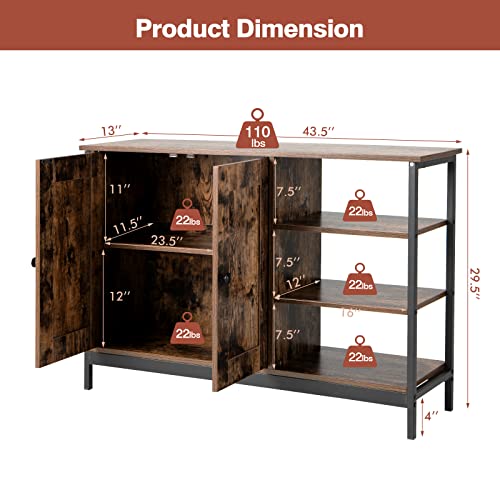 Giantex Industrial Kitchen Storage Cabinet w/Open Shelves, 2-Door Cupboard, Adjustable Shelf, Wooden Buffet Sideboard, Farmhouse Floor Bar Cabinet for Living Room, Entryway (Rustic Brown)