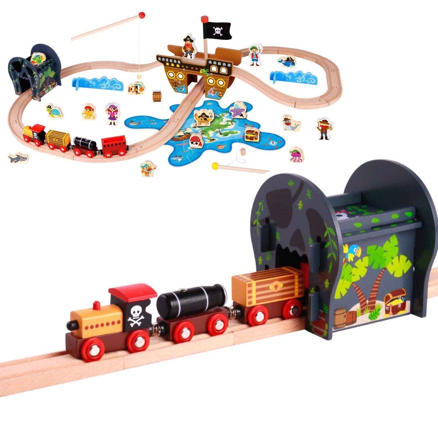 Pidoko Kids Pirate Theme Wooden Train Set - 72 Pcs - Includes Magnet Fishing Poles - Set compatible with all major brand tracks and trains