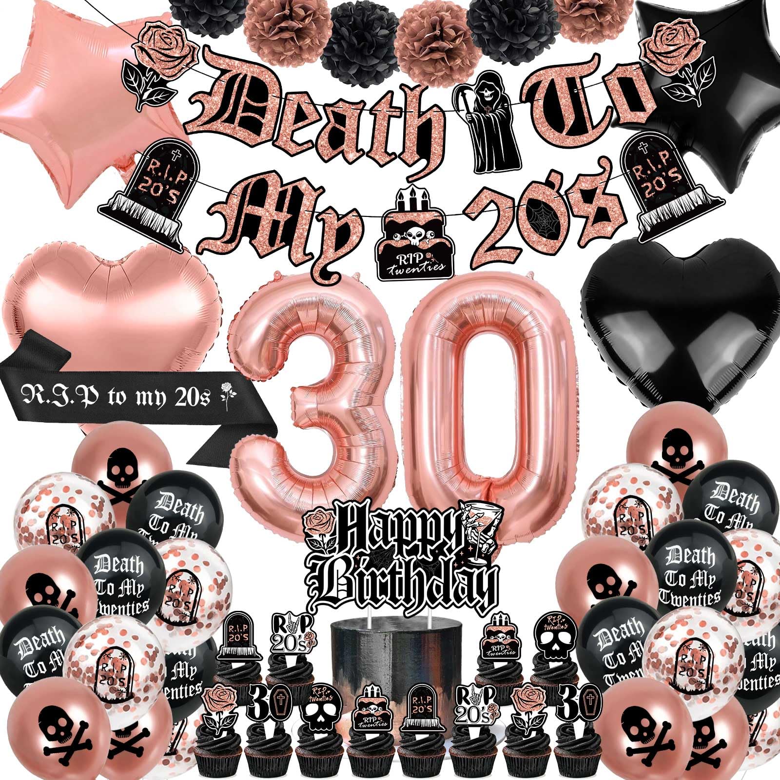 Death to My 20s Decorations, 30th Birthday Decorations for Her Black and Rose Gold, Rip to My 20s Birthday Decorations Funeral for My Youth 30th Birthday 30 Balloon Numbers Dirty Thirty Party Supplies