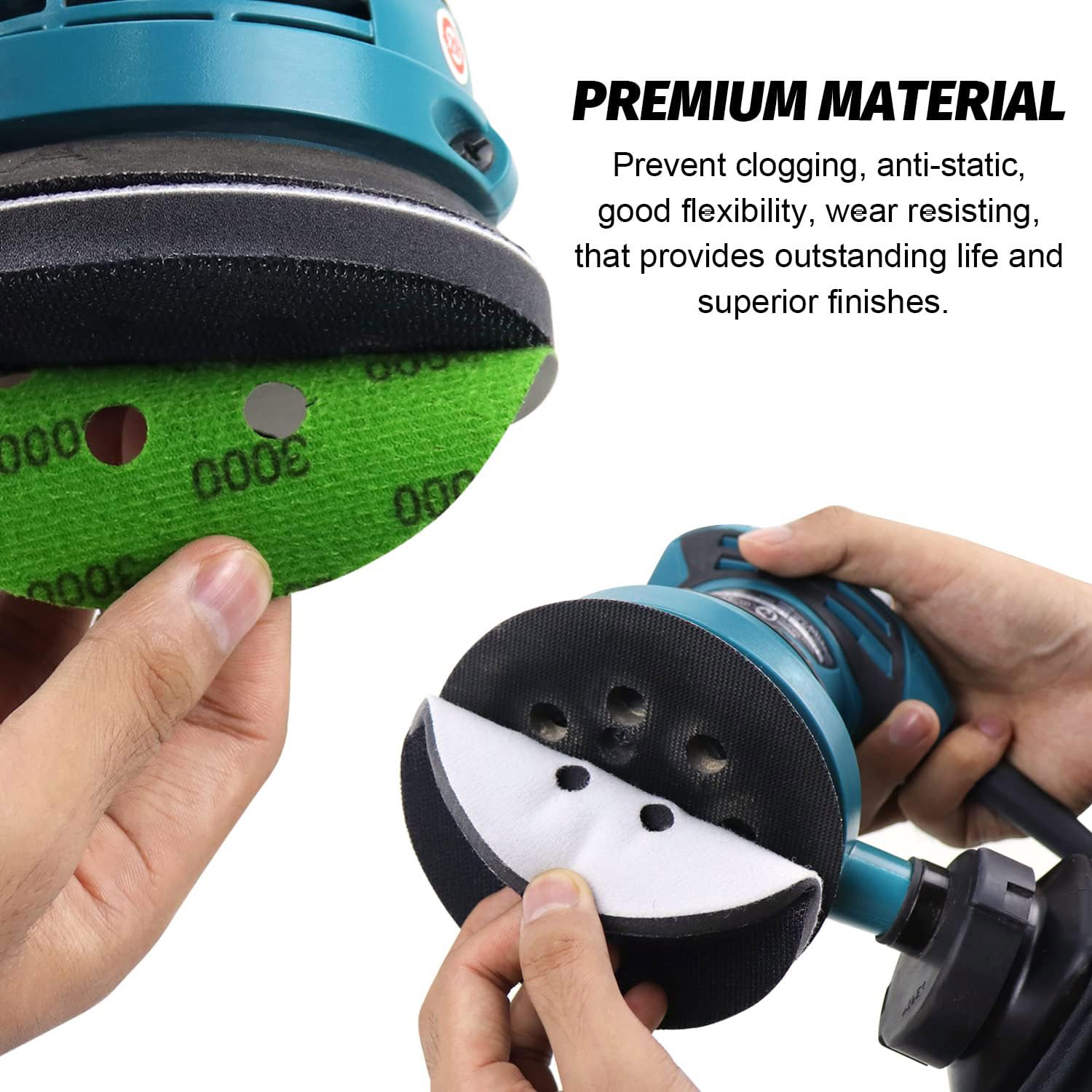 POLIWELL 5 Inch Sanding Discs 8-Hole Hook and Loop Sandpaper Wet Dry Sanding Sheets 80 to 2000 Assortment Grits 50 Pack with 5” Interface Pad for Random Orbital Sander Automotive Wood Metal Plastic