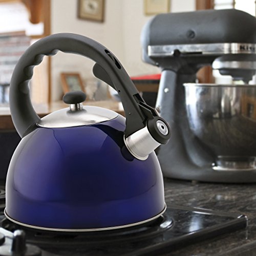 Creative Home Satin Splendor Stainless Steel Whistling Tea Kettle with Aluminum Capsulated Bottom for Even Heat Distribution, 2.8 Quart, Metallic Blue