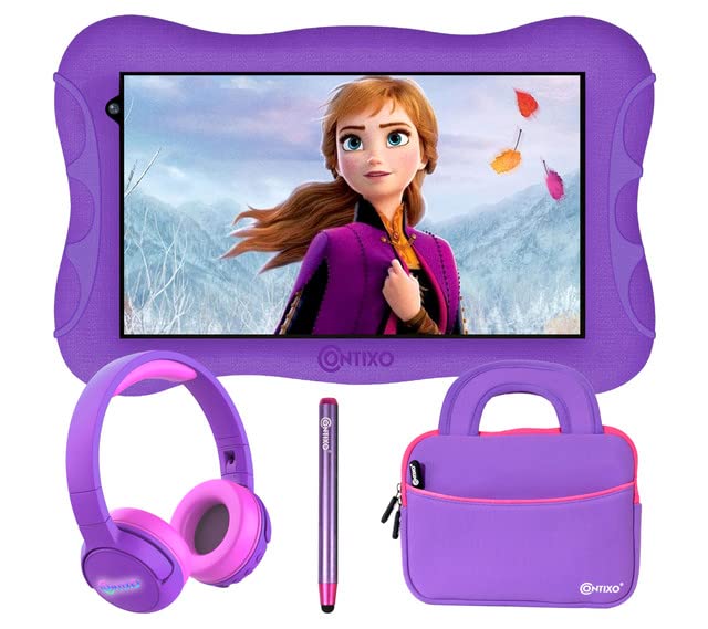 Contixo V10 Plus 7 inch Kids Learning Tablet Bundle - 2GB RAM 32GB Storage, Bluetooth, Android 10, Dual Cameras, Parental Control, Come with Kids Bluetooth Headphone & Tablet Bag - Purple-Set