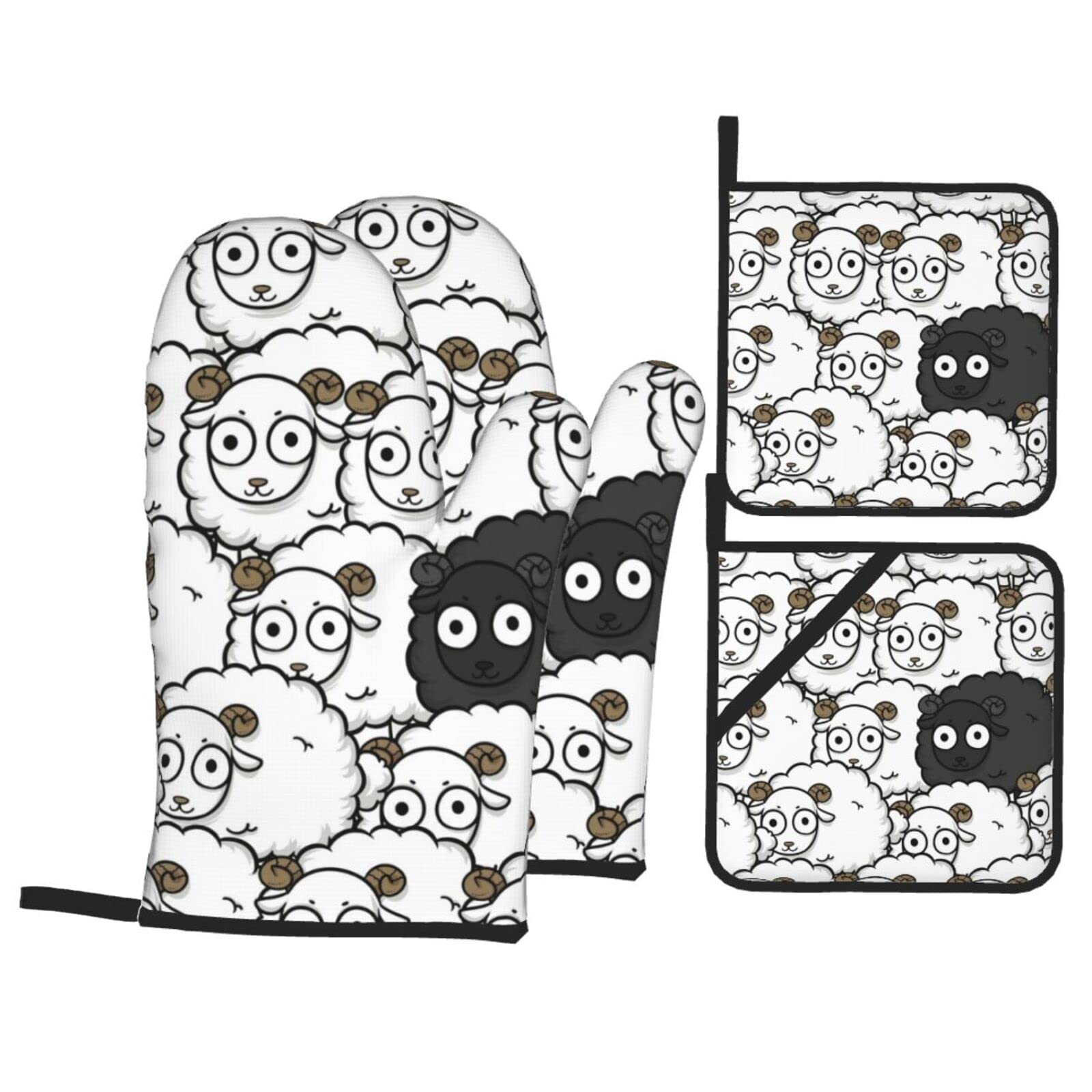 Cartoon Black White Sheep Printed Oven Mitt and Pot Holder Set, Washable Heat Resistant Oven Mitt for Kitchen Cooking Baking Grill