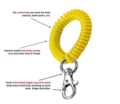 Lucky Line 2” Diameter Spiral Wrist Coil with Trigger Snap, Flexible Wrist Band Key Chain Bracelet, Stretches to 12”, Assorted Colors, 5 Pack (4071005)
