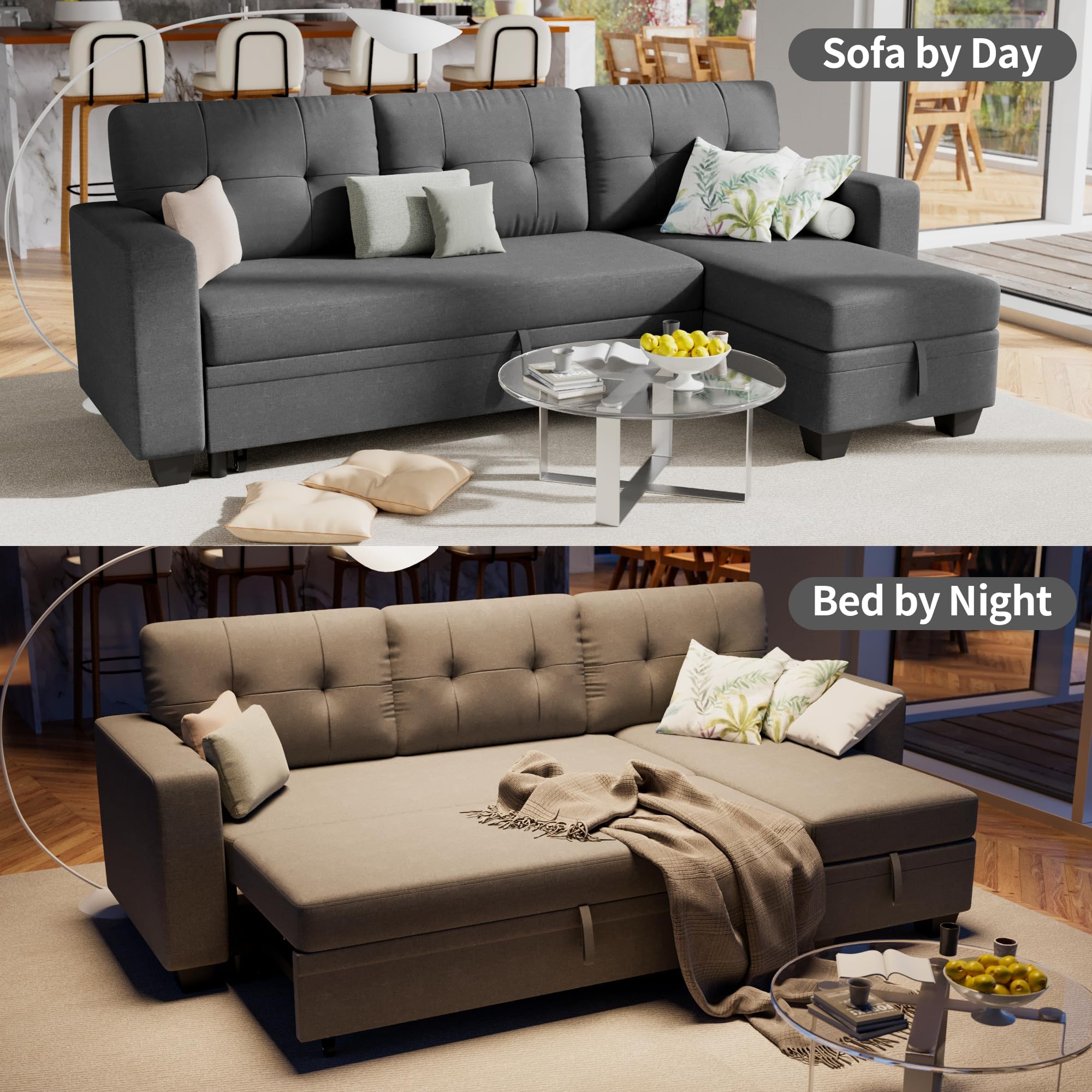 Furniwell Sleeper Sofa, L Shaped Pull Out Couch Sofa Bed with Storage Chaise Sectional Couch for Small Apartments, Living Room and Office (Linen Fabric)