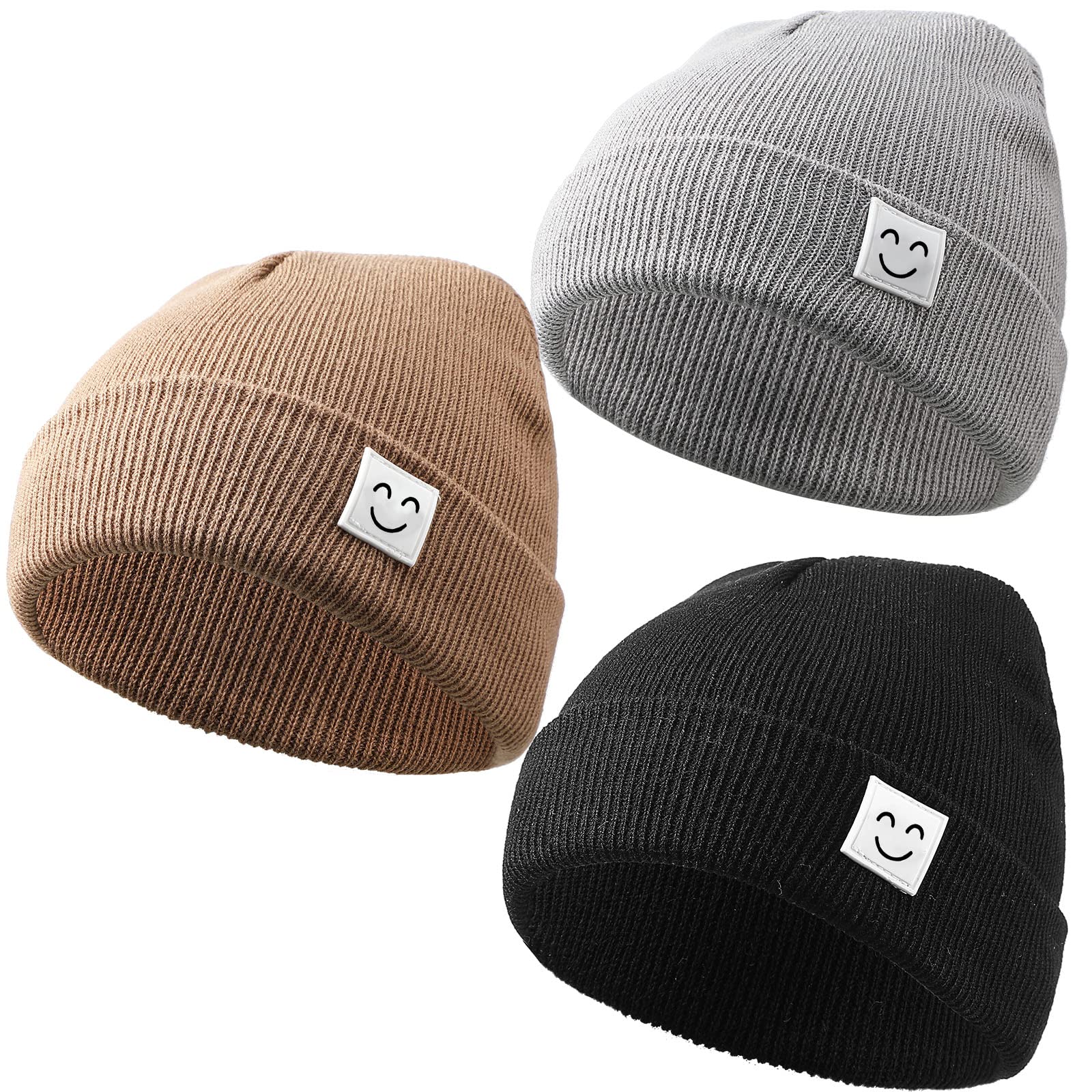 Coume 3 Pcs Baby Beanie Knitted Hats Toddler Kids Beanie Caps Soft Warm Baby Knit Winter Hat Smile Face Knitted Baby Beanie (Coffee, Gray, Black)
