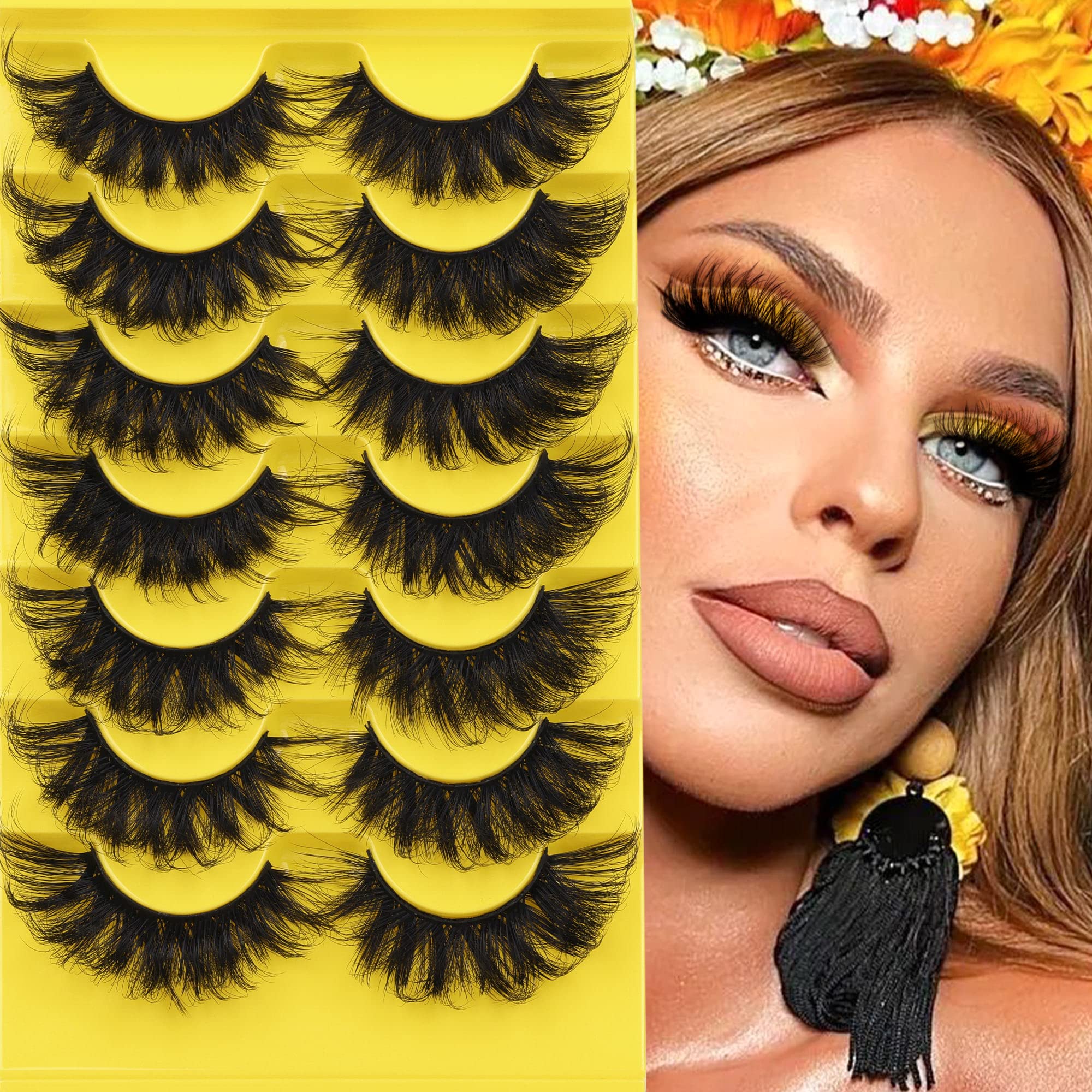 False Eyelashes Fluffy Lashes Dramatic Long Faux Mink Lashes Wispy 6D Volume Fake Eyelashes Thick Strip Big Cat Eye Lashes Pack 7 Pairs By GVEFETIEE