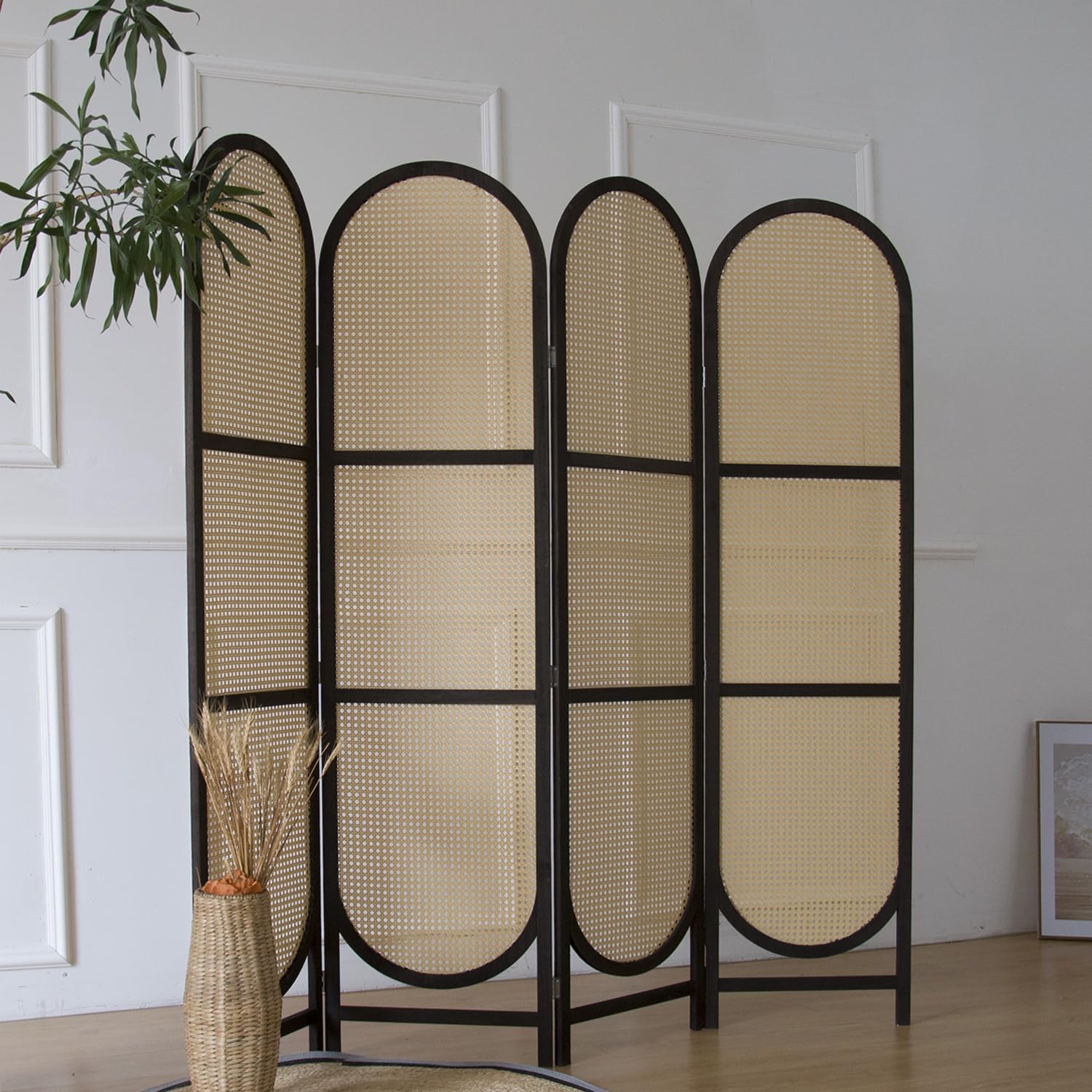 Furnnylane 4 Panel Room Divider Screen and Folding Room Divider Panel in Arch Shape,Double Sided Rattan Room Divider for Room Separation,70.9" H x 70.9" W
